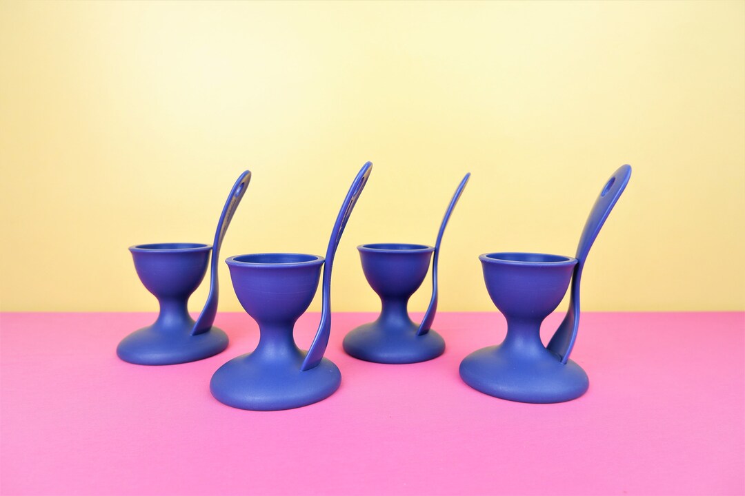 Vintage Y2K Blue BODUM Egg Cups With Spoons, Set of 4, Postmodernist ...