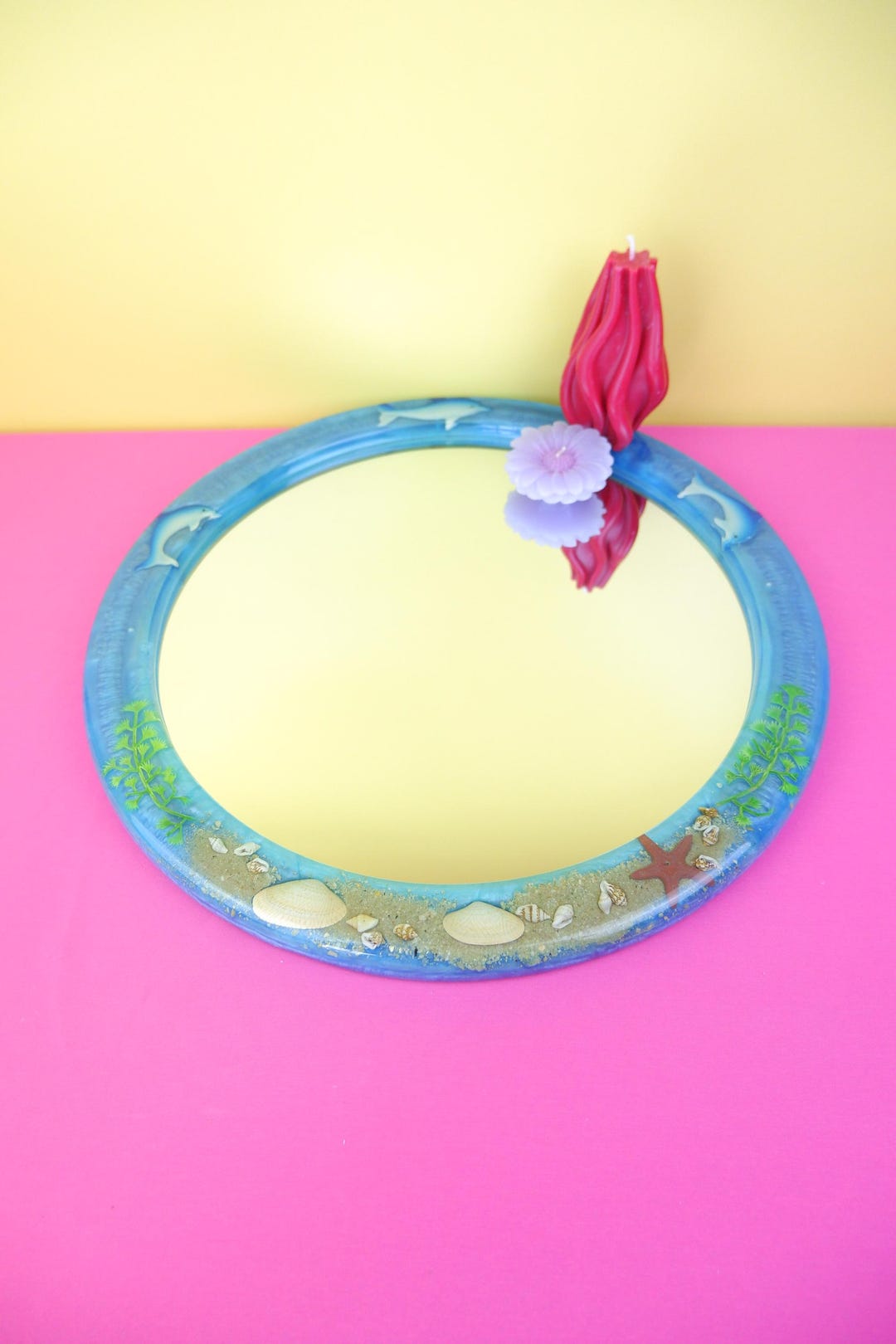 Vintage 90s Y2K Large Blue Resin Dolphin Hanging Wall Mirror, Round ...