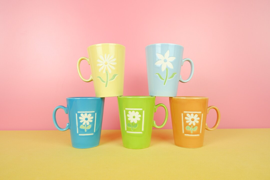 Vintage 90s Y2K Ceramic Tea Coffee Cups, Flower Daisy Glaze Design ...