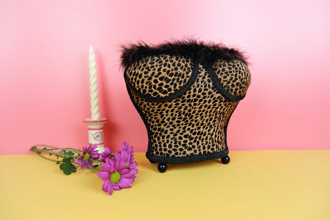 Vintage Corset Bust Lamp Leopard Print Fabric Shade Table Desk Lamp Light Kitsch Postmodern