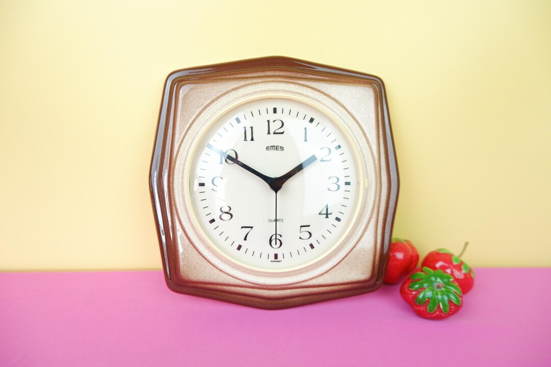 Vintage EMES Ceramic Clock Brown Beige Glazed, Mid Century German Wall ...