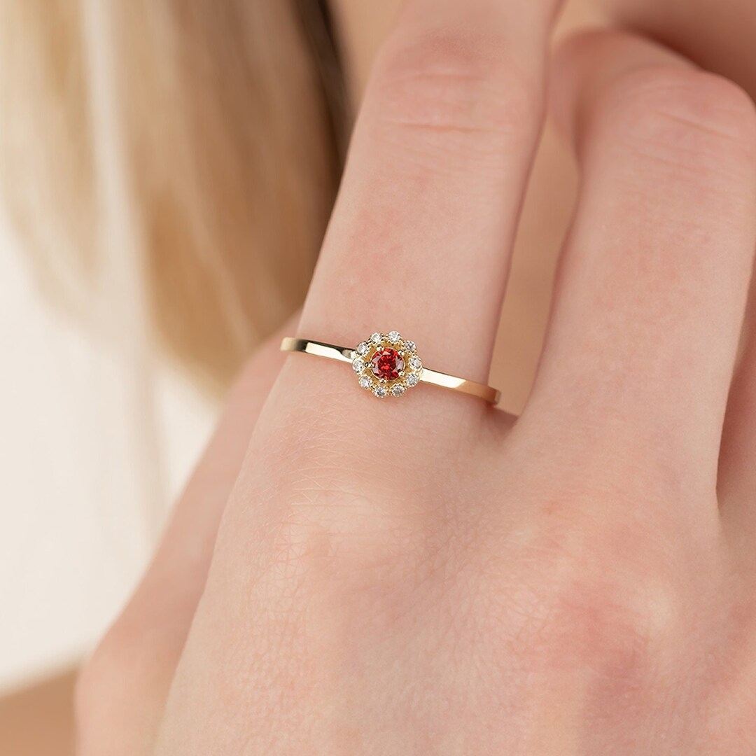 Red Ruby Flower Ring in 14K Gold, New Year Lucky Birth Flower Ring ...