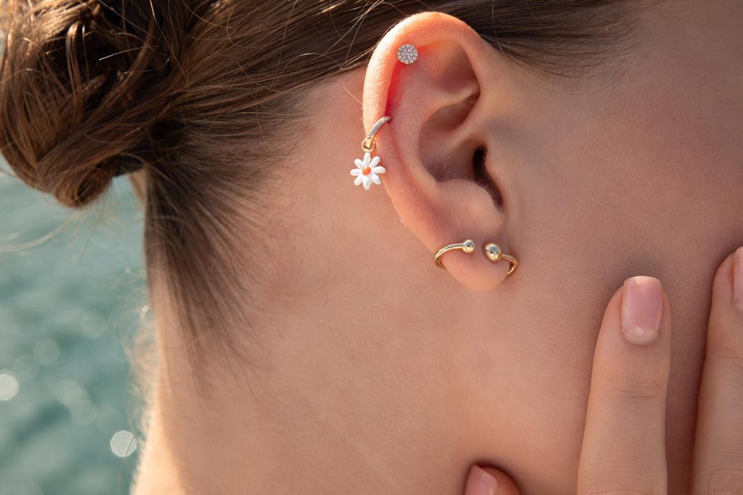 Gold Double Ball Hoop Earring: Sterling Silver Screw Back Cartilage ...