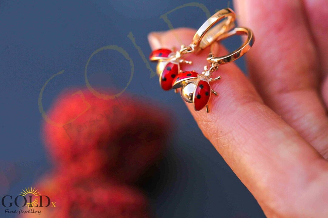 14K Solid Gold Ladybug Earrings: Good Luck Jewelry - Etsy