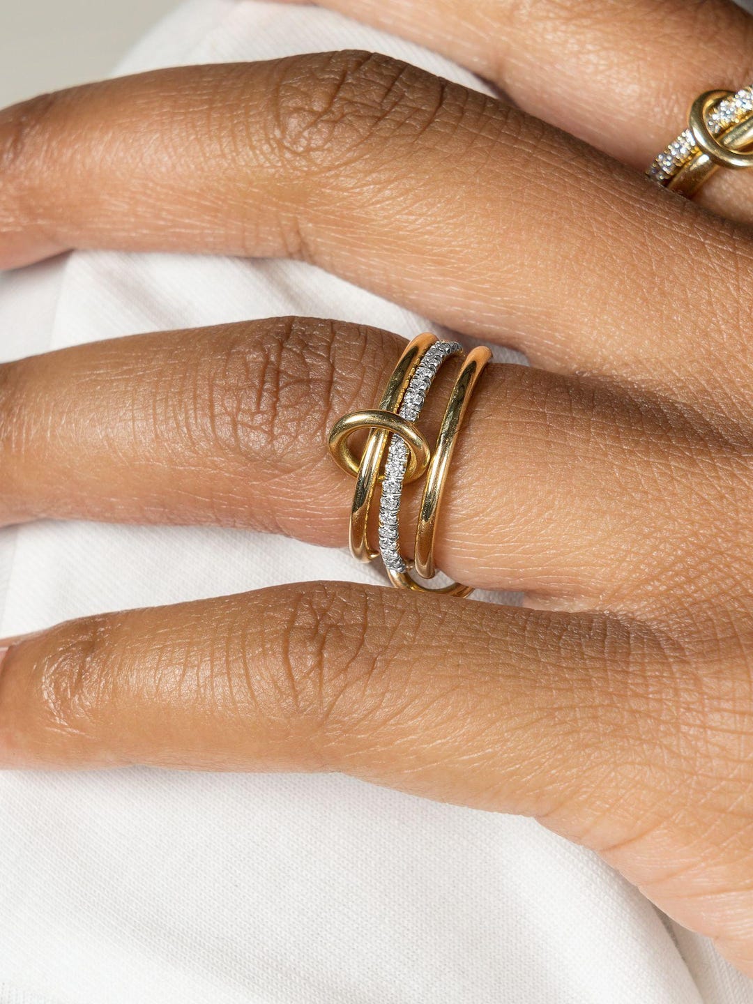 14K Solid Gold Linked Ring • Multi Band Statement Eternity Ring • Yellow White Gold Trio Ring ...