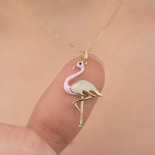 Gold Flamingo Necklace 14K Solid Gold Pink Enamel Necklace - Etsy