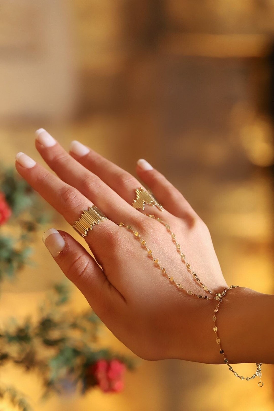 14k Solid Gold Hand Chain Bracelet, Minimalist Bracelet, Y2k Jewelry ...