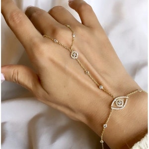 Gold Evil Eye Hand Chain Bracelet, Rose Gold Slave Bracelet, Handkette ...