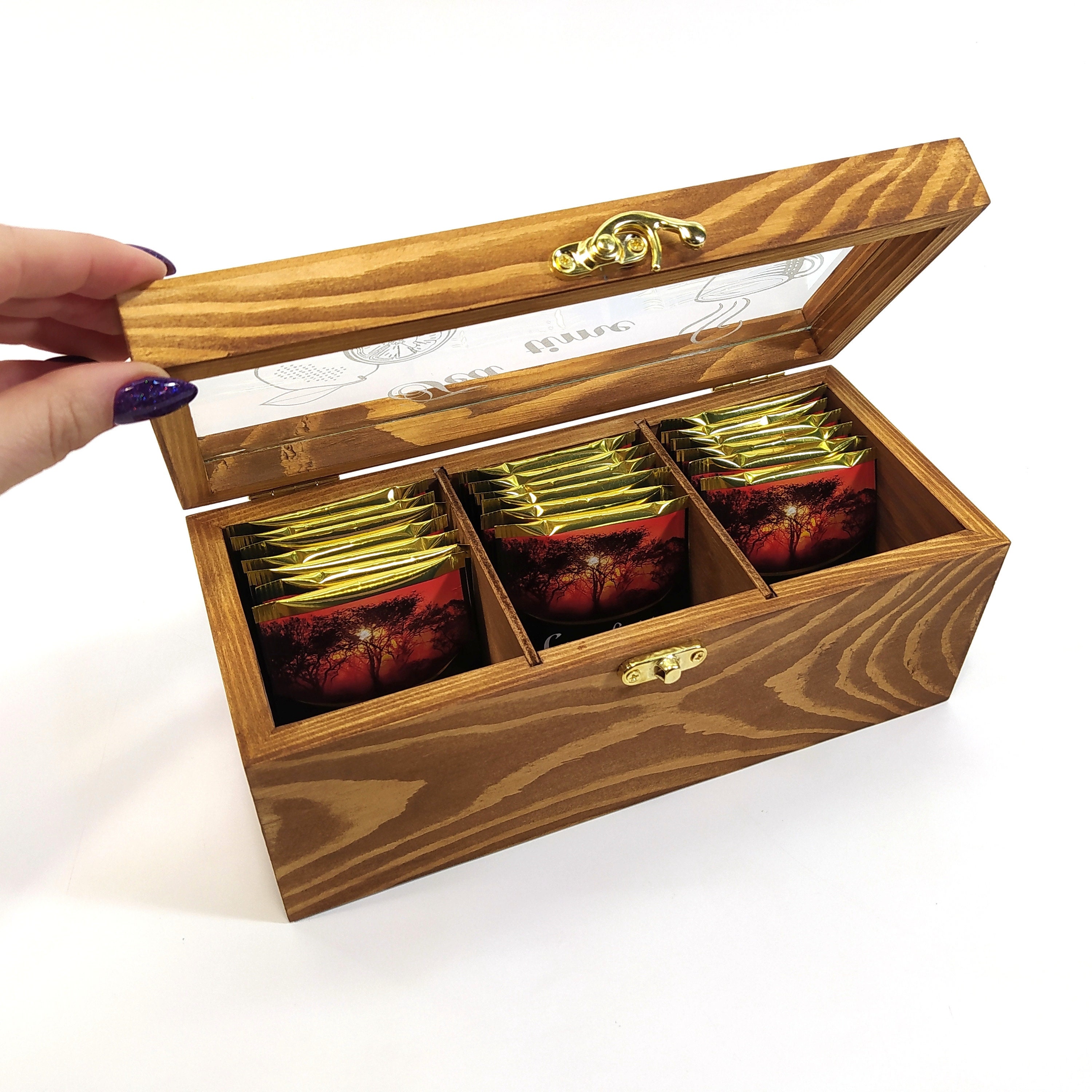 Wooden, Engraved Tea Box With Glass Can Be a Nice Gift. Tea Storage Box ...