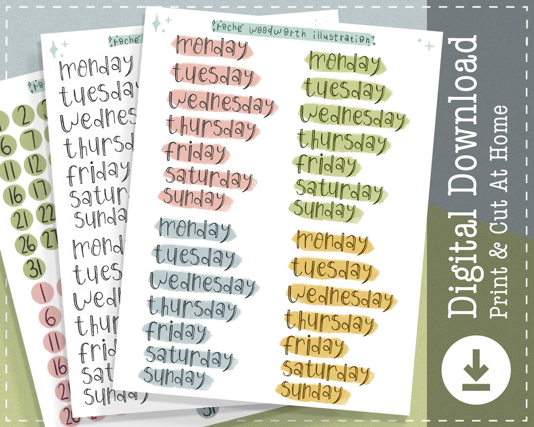 Weekdays & Numbers Printable Stickers Digital Stickers Goodnotes ...