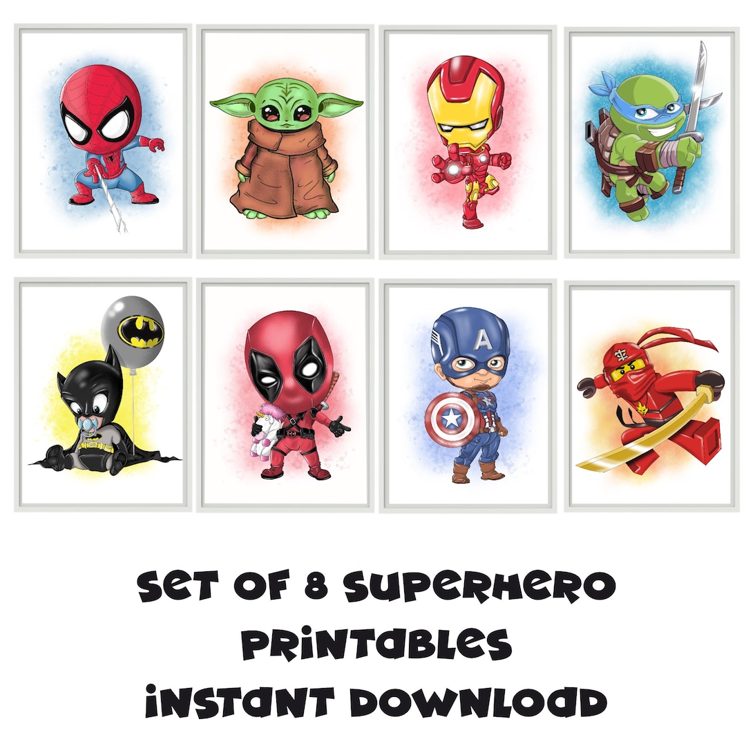 Set of 8 Superhero Wall Art PRINTS, Superhero Printables, Superhero Art ...