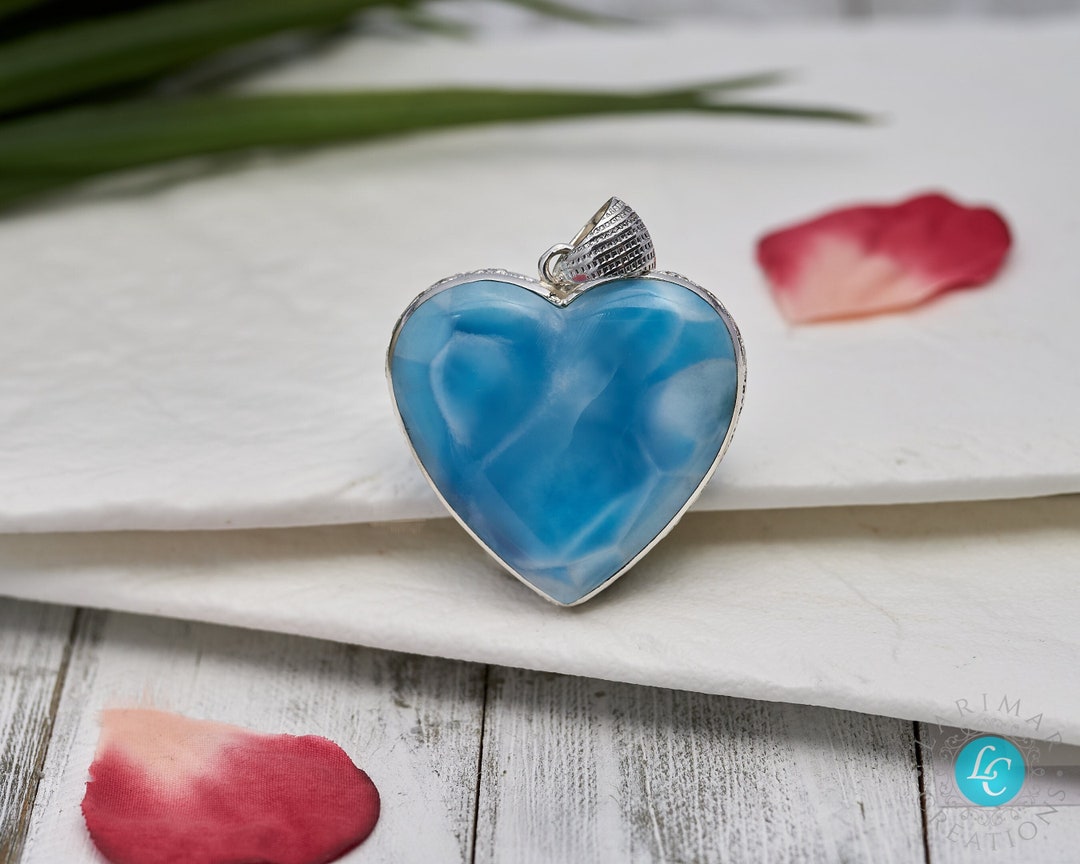 Larimar Heart Pendant 925 Sterling Silver, Big Larimar Heart Necklace ...