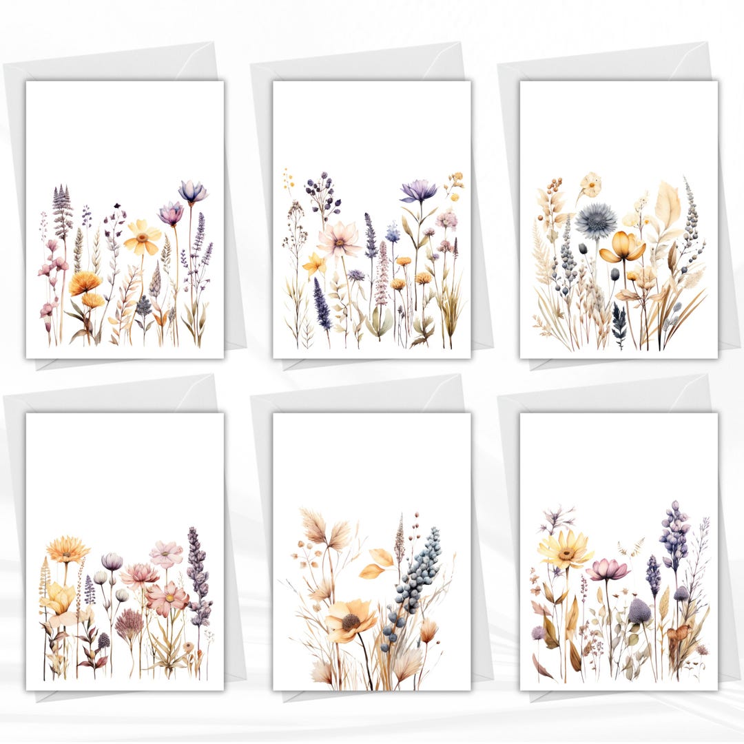 Neutral Botanical Greeting Cards Set of 6, Soft Floral Watercolor Cards ...