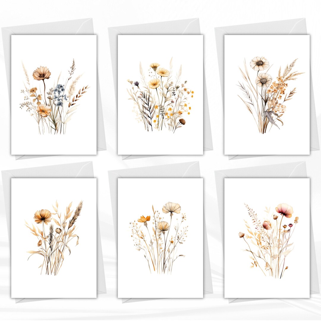 Neutral Botanical Greeting Cards Set of 6 – Minimal Floral Folded Cards ...