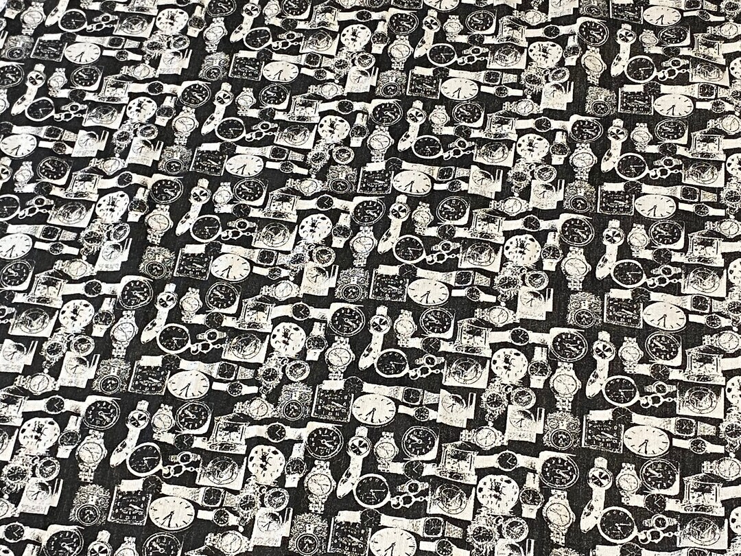 Clock Fabric Black and White, Cotton Sateen Fabric by the Yard, Watch ...
