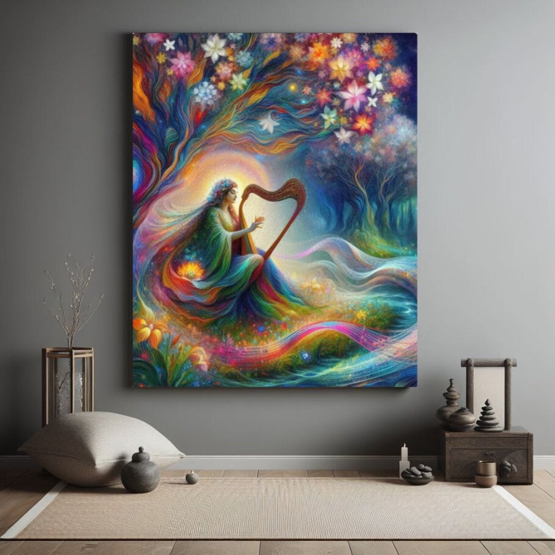 Ready to Hang Canvas, Harp Music Wall Art, Beautiful Woman Art, Floral ...