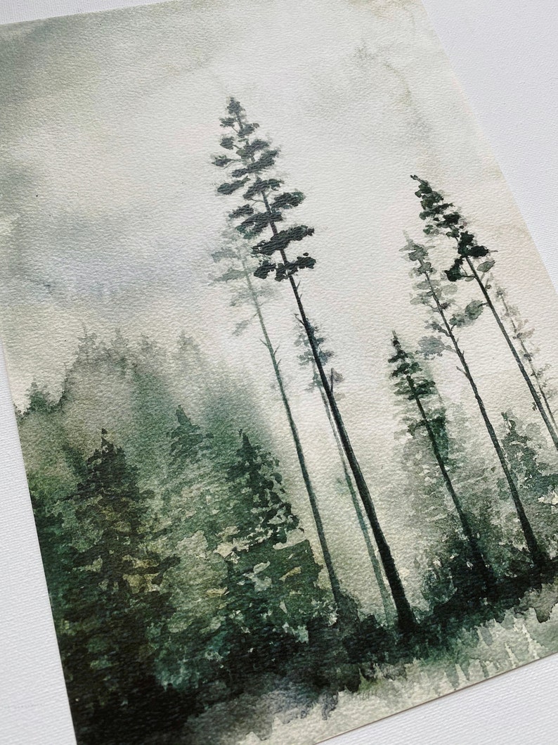 Nordic Forest Watercolor Art Print Foggy Pine Tree Nature - Etsy