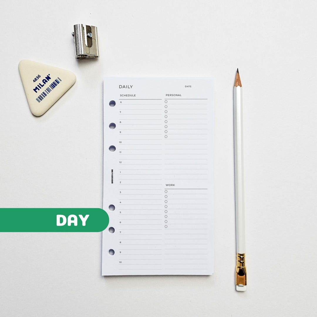 Daily Planner Inserts | Personal Filofax 6 Ring Binder | Undated Day ...