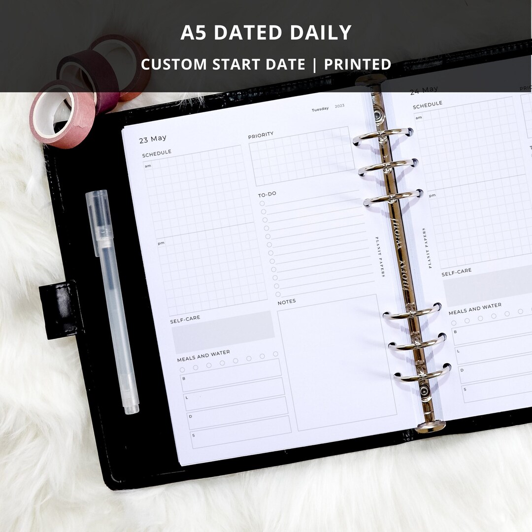 DATED A5 Daily Self Care Planner Inserts Printed Hourly 6 Ring Binder ...