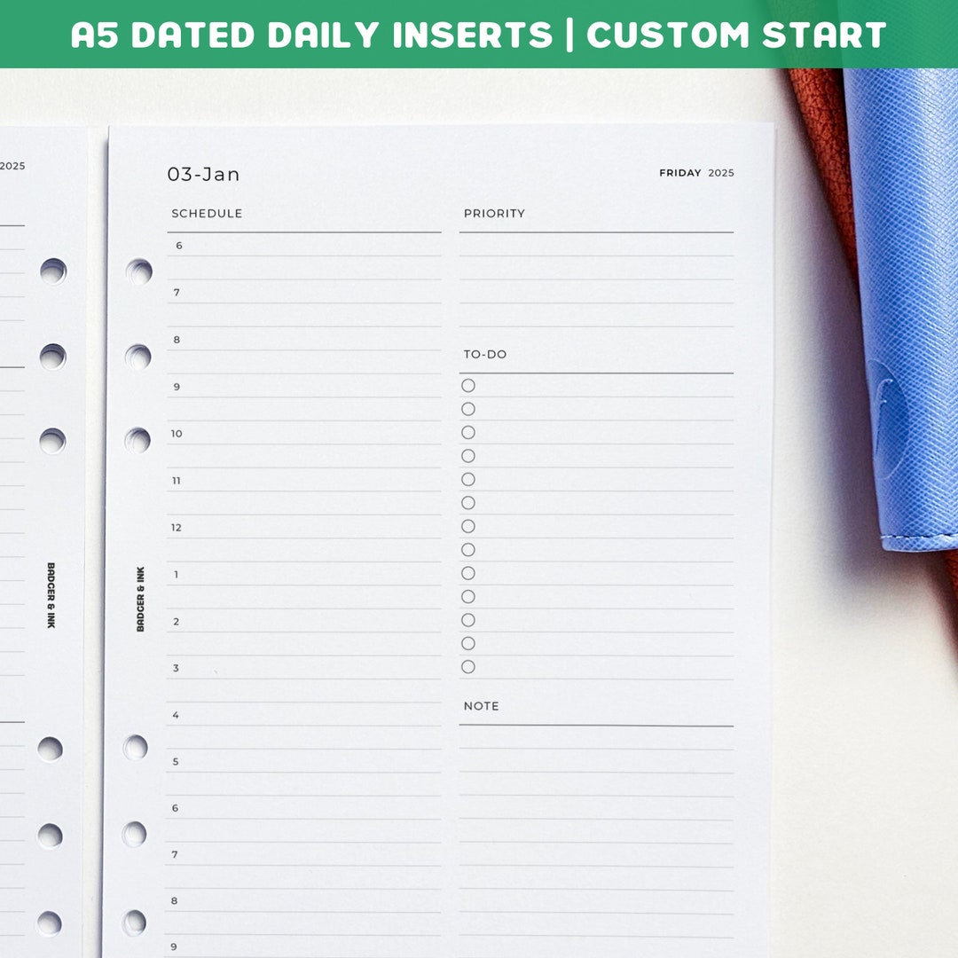 DATED A5 Daily Planner Inserts | Printed | Hourly | 6 Ring Organiser ...