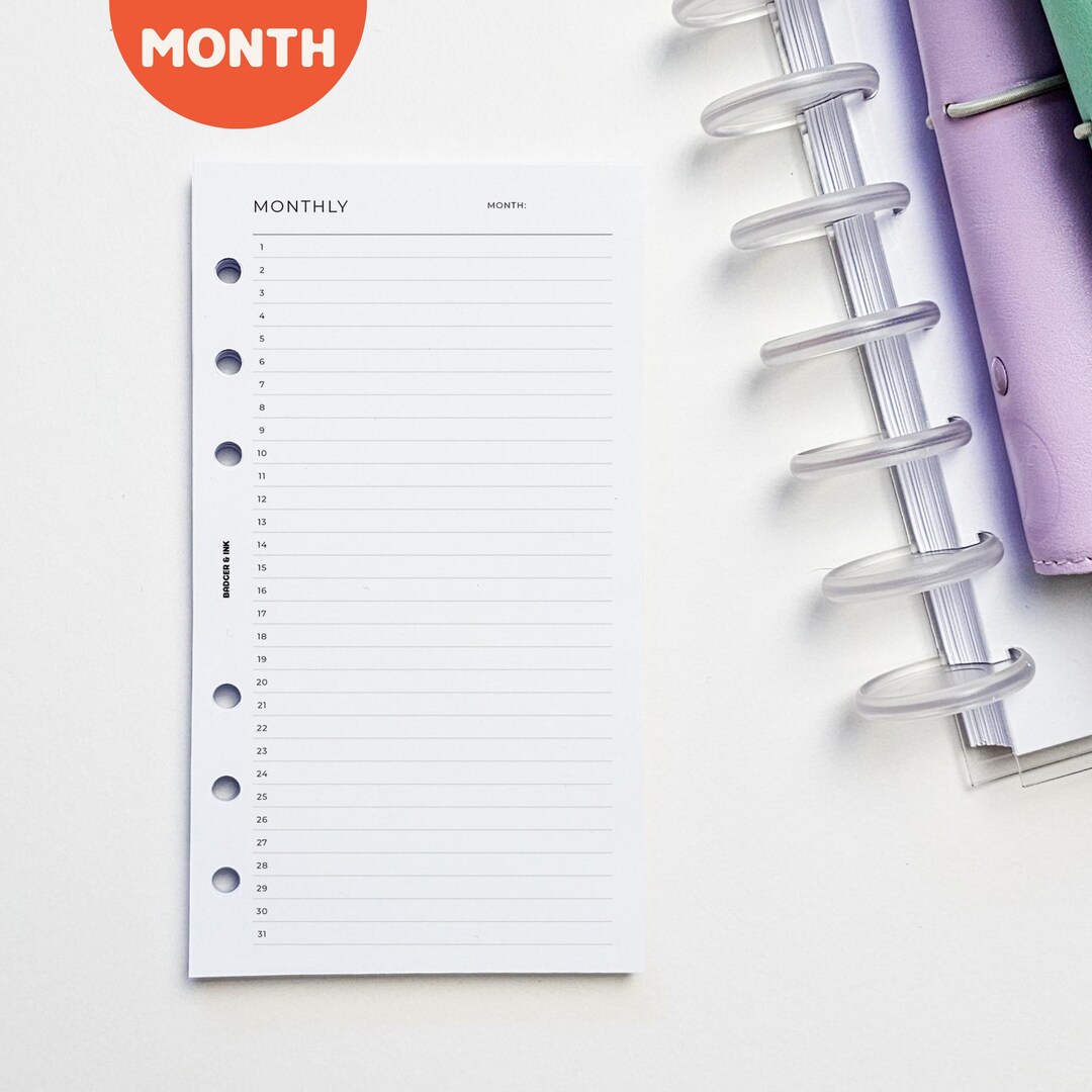 PRINTED Personal Monthly Planner Inserts | Separable | 6 Ring Binder ...