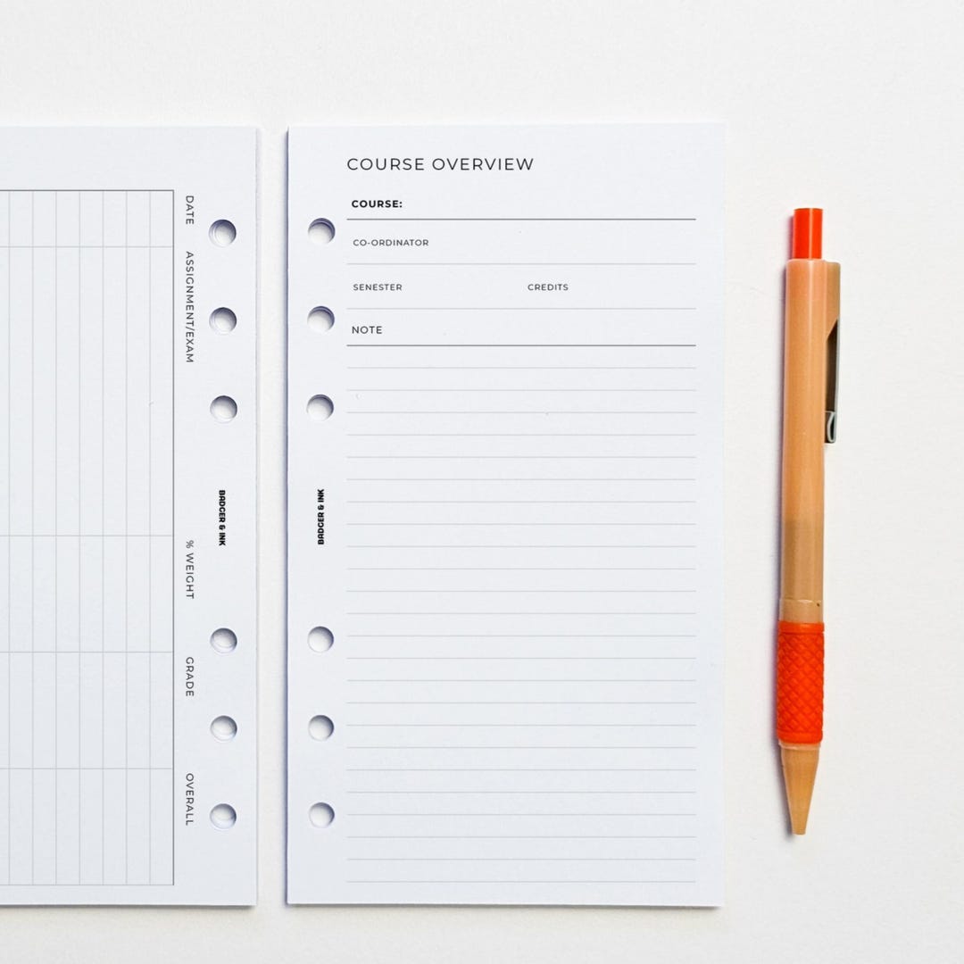 PRINTED Personal Course Overview Inserts | 6 Ring Binder | Academic ...