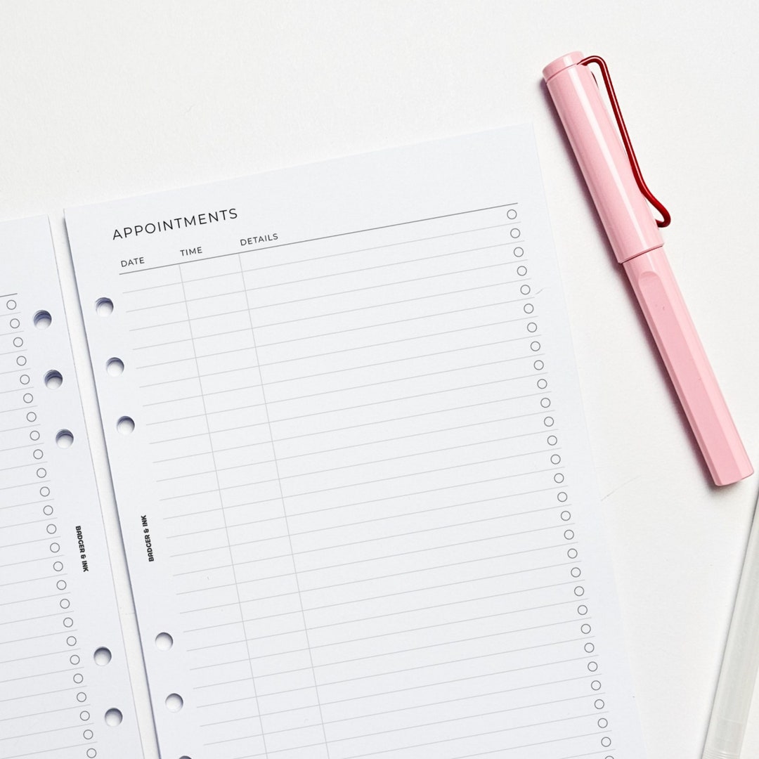 PRINTED A5 Appointment List Inserts | 6 Ring Organiser | Appointment ...