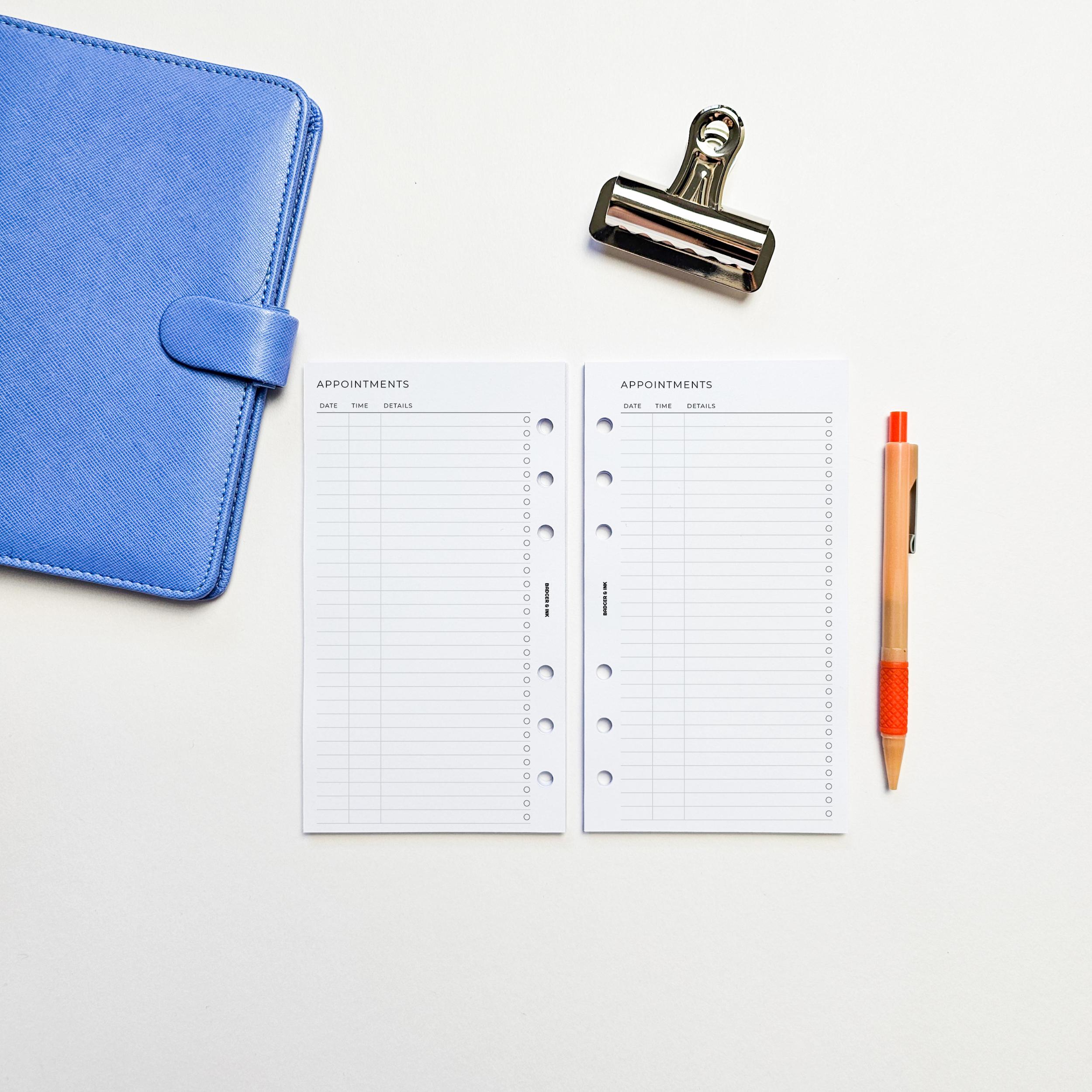 PRINTED Personal Appointment List Inserts | 6 Ring Organiser ...