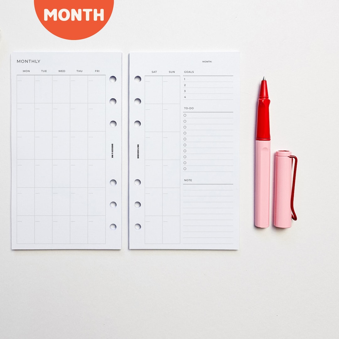 PRINTED Personal Monthly Planner Inserts | Separable | 6 Ring Binder ...