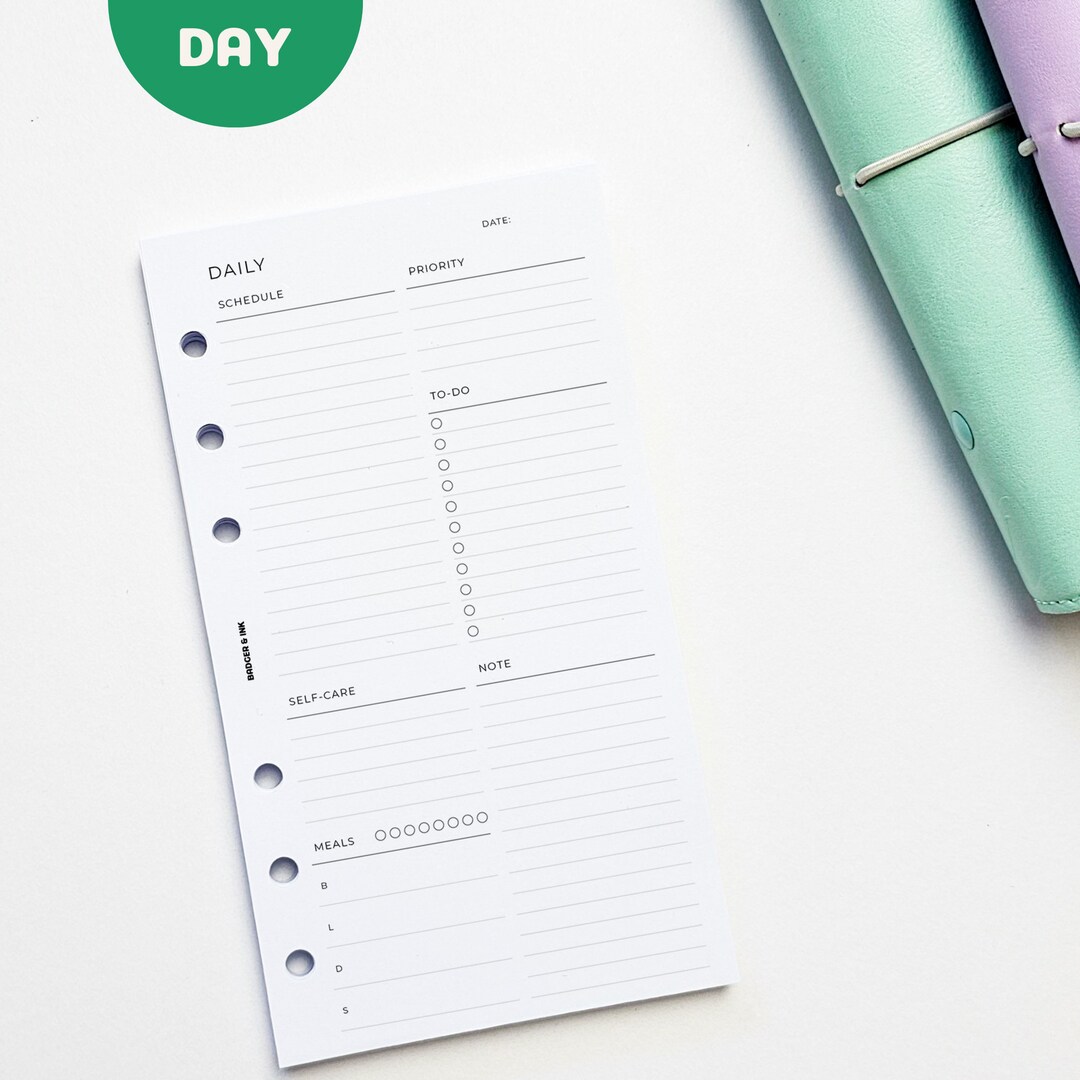 PRINTED Personal Daily Planner Inserts Hourly 6 Ring Binder Undated Day ...