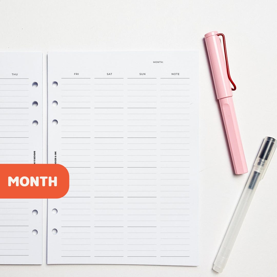 PRINTED A5 Monthly Planner Inserts Separable 6 Ring Binder Disc Agenda ...