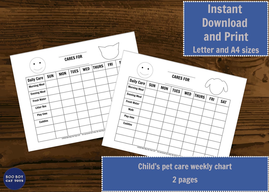 Printable Child's Pet Care Chart - Chore Chart - Pet Records - Cat Dog ...