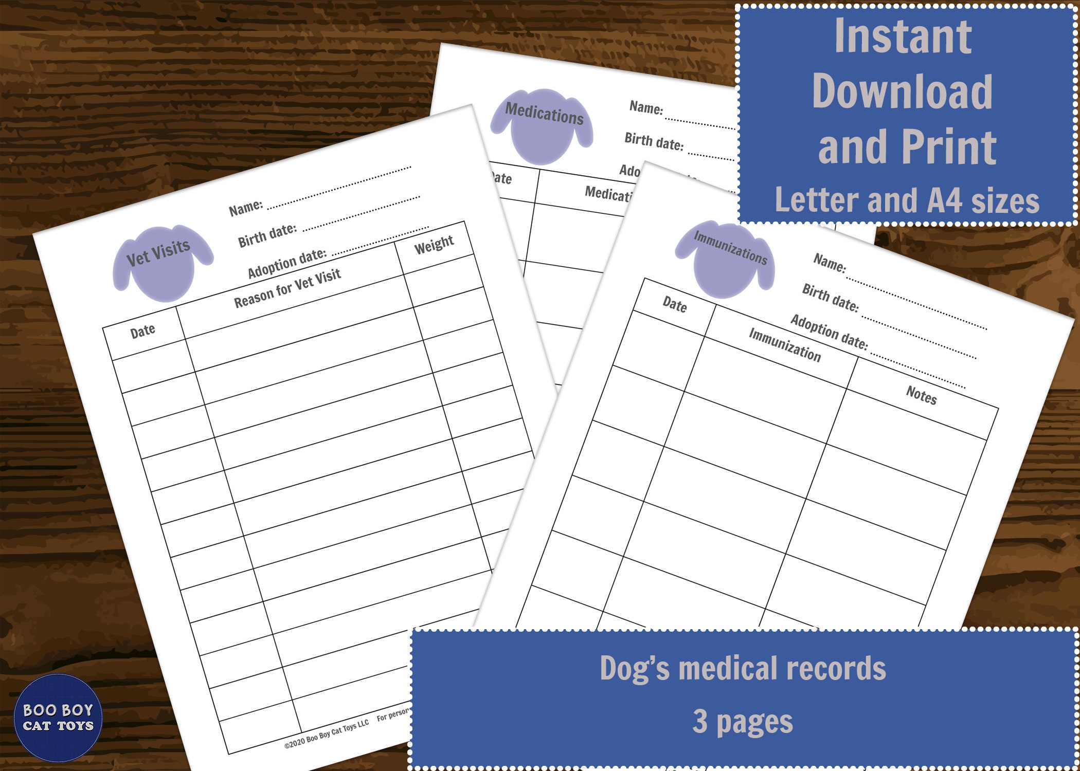 Printable Dog Medical Records - Pet Records - Instant Digital Download ...