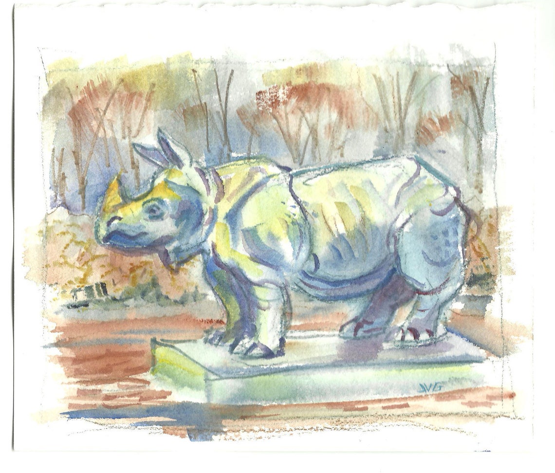 Bronx Zoo Rhinoceros Statue- 8x6.75"- Original Watercolor Sketch - Etsy