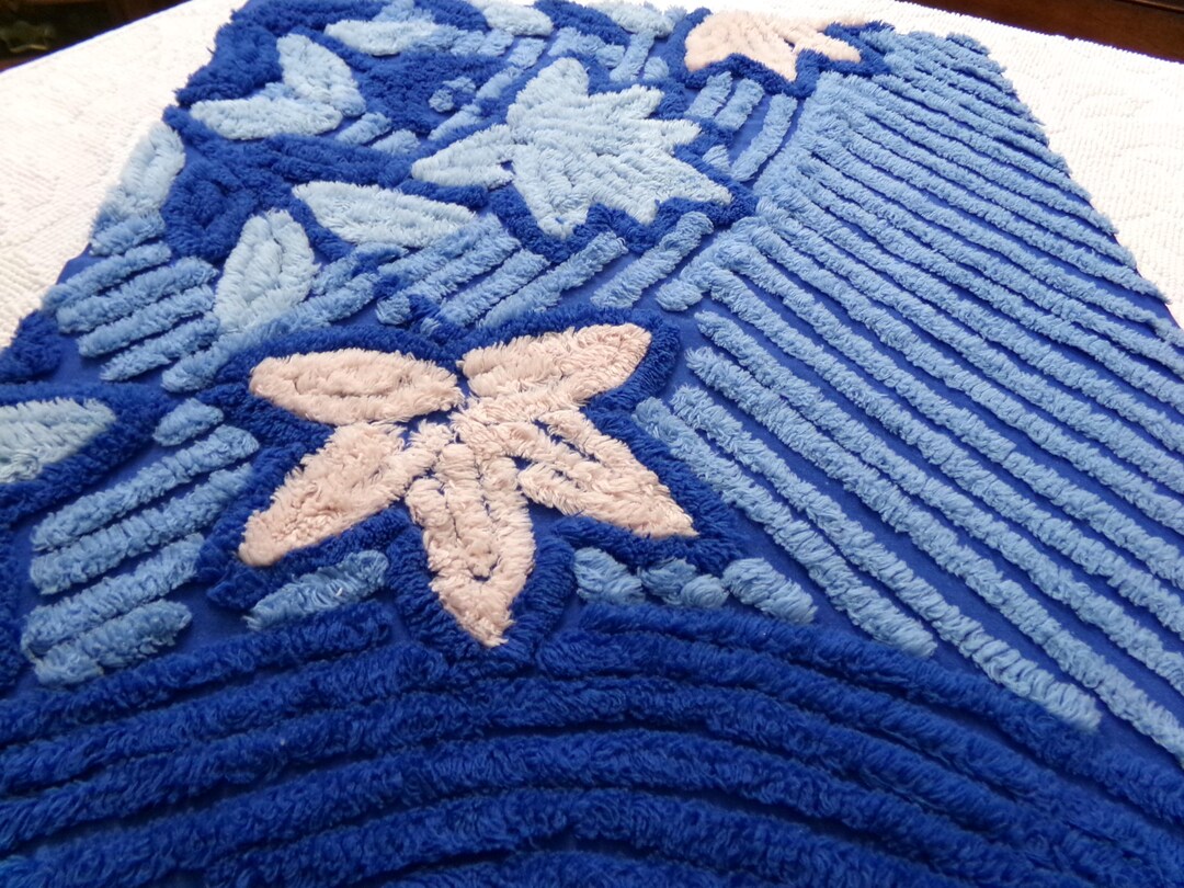 Mystical Blue Vintage Chenille Bedspread Fabric, Plush Lux Star Lily ...