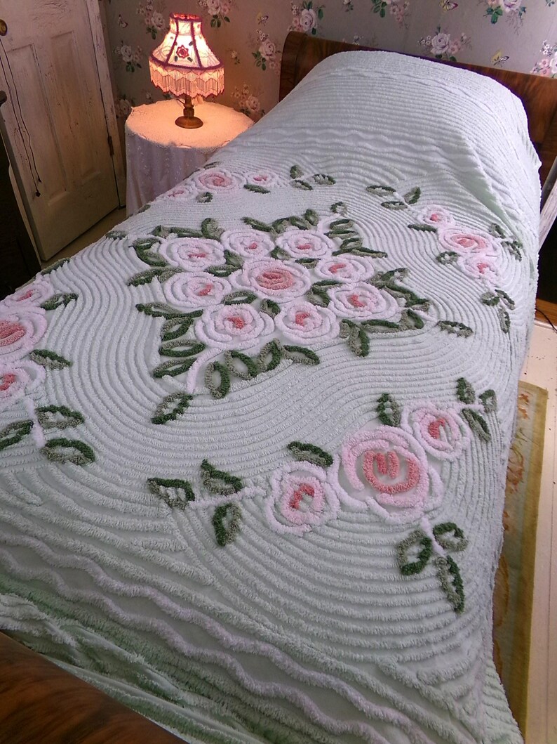 Luxury Vintage Chenille Bedspread, Tufted Cottage Roses on Mint Green ...