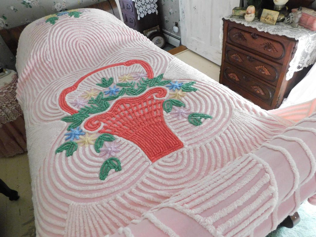 Shabby Girl Pink Vintage Chenille Bedspread, Large Flower Basket ...