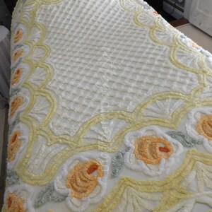 Cabbage Rose Vintage Chenille Bedspread, Plush Yellow Roses Lattice ...