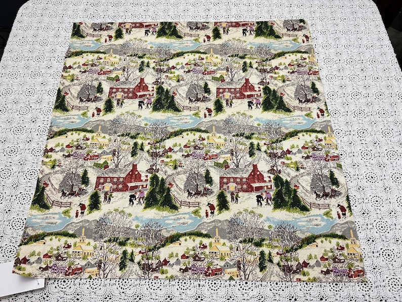 Grandma Moses DEEP SNOW Vintage Barkcloth Fabric, Folk Art Winter Scene ...
