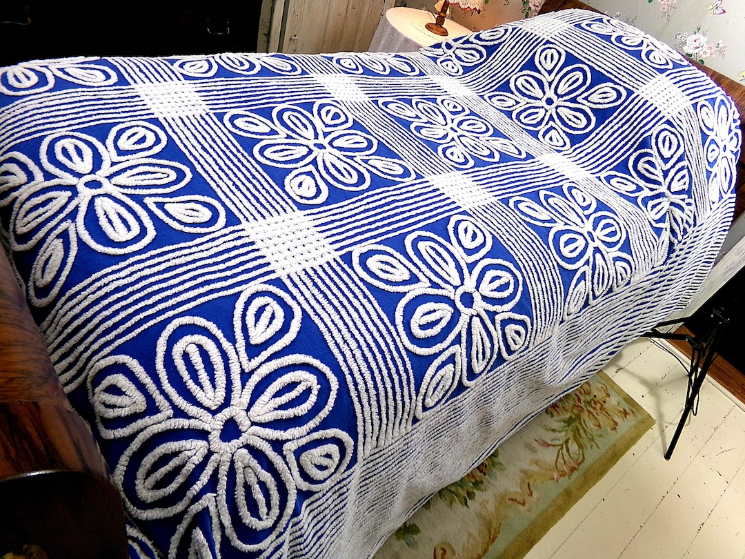 Vintage Mod Chenille Bedspread: Flower Power Bold Blue & White Shabby ...
