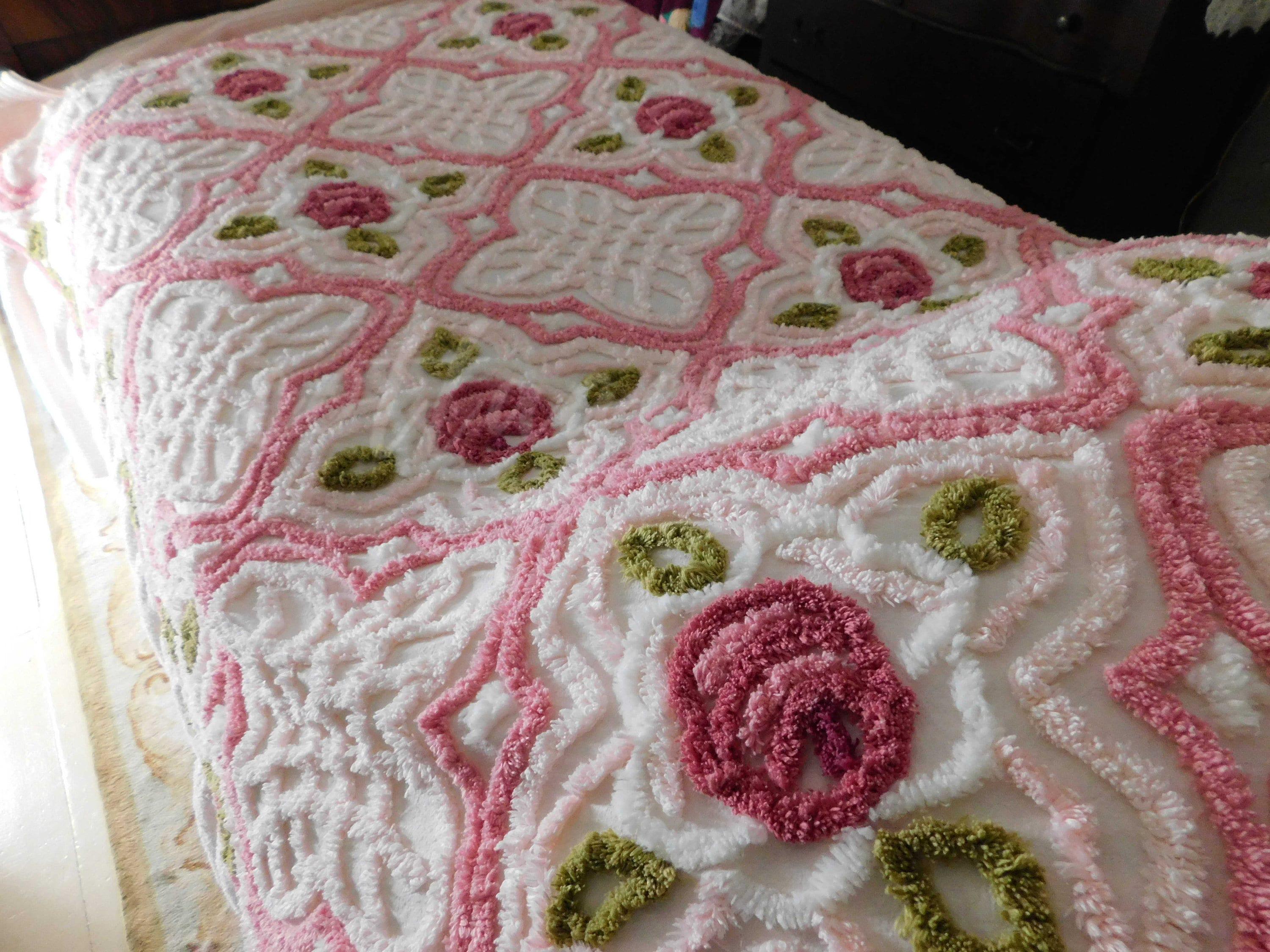 Fluffy Pink Rose Vintage Chenille Bedspread in a Luxury Boxed, Fitted ...