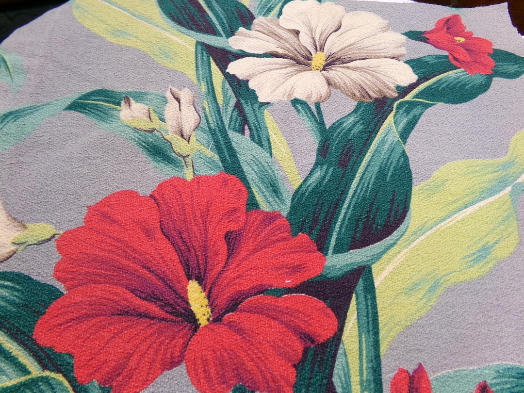 Bold Vintage Barkcloth Fabric Hawaii Hibiscus Pattern Gray Red Cream 19 ...