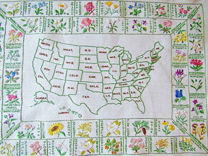 Vintage 50 States Flowers USA Map Sampler Paragon Stitchery Etsy vintage-50-states-flowers-usa-map-sampler-paragon-stitchery-etsy