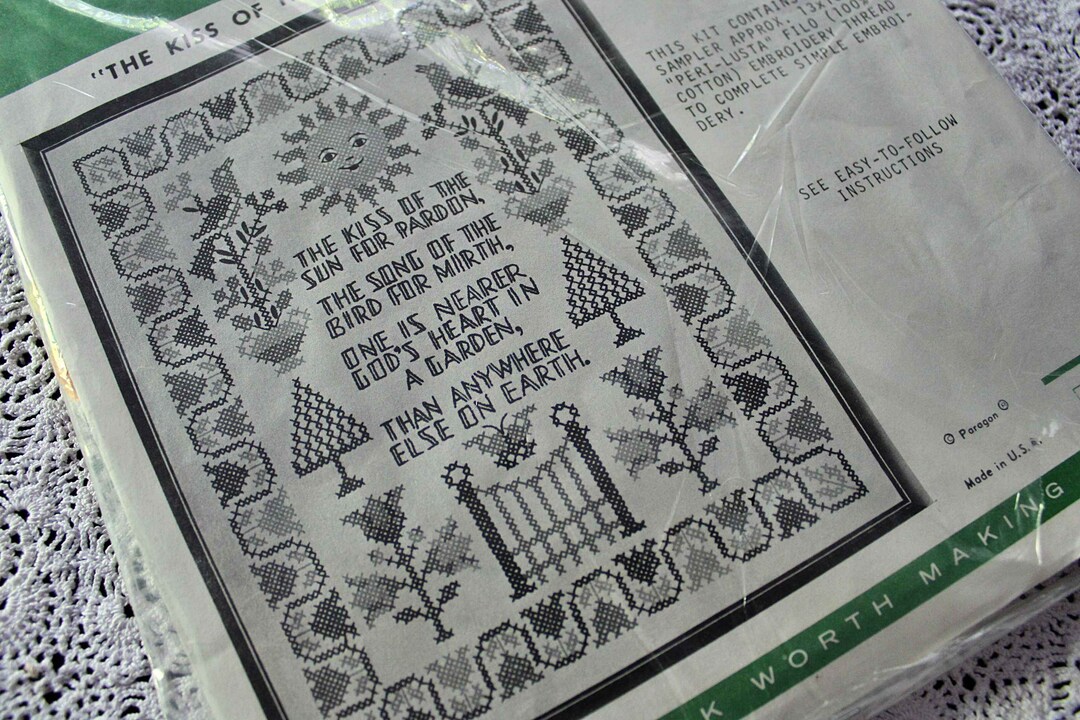 KISS of the SUN Poem Small Vintage Cross Stitch Sampler Kit, Paragon ...