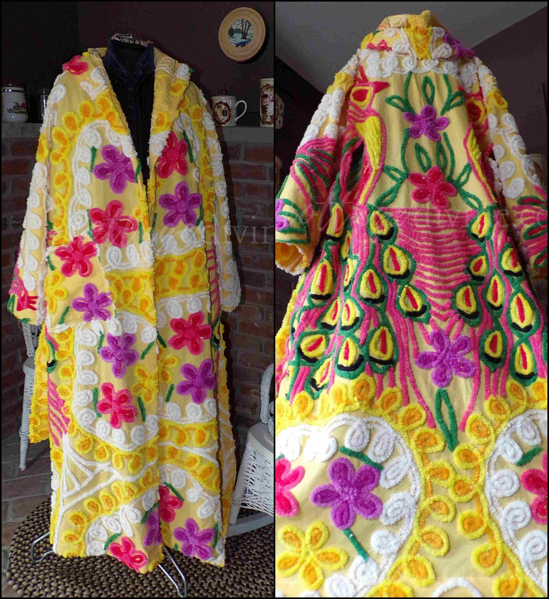 Hooded Chenille Robe, Playful Peacocks Plush Rainbow Upcycled Womens ...