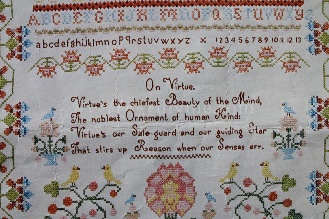 Rare VIRTUE Embroidery Sampler, Paragon Needlecraft Valentine Museum ...