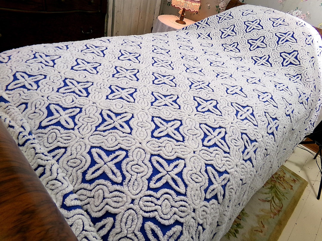 Mystic Gothic Cross Vintage Chenille Bedspread, Plush White Tufting on ...