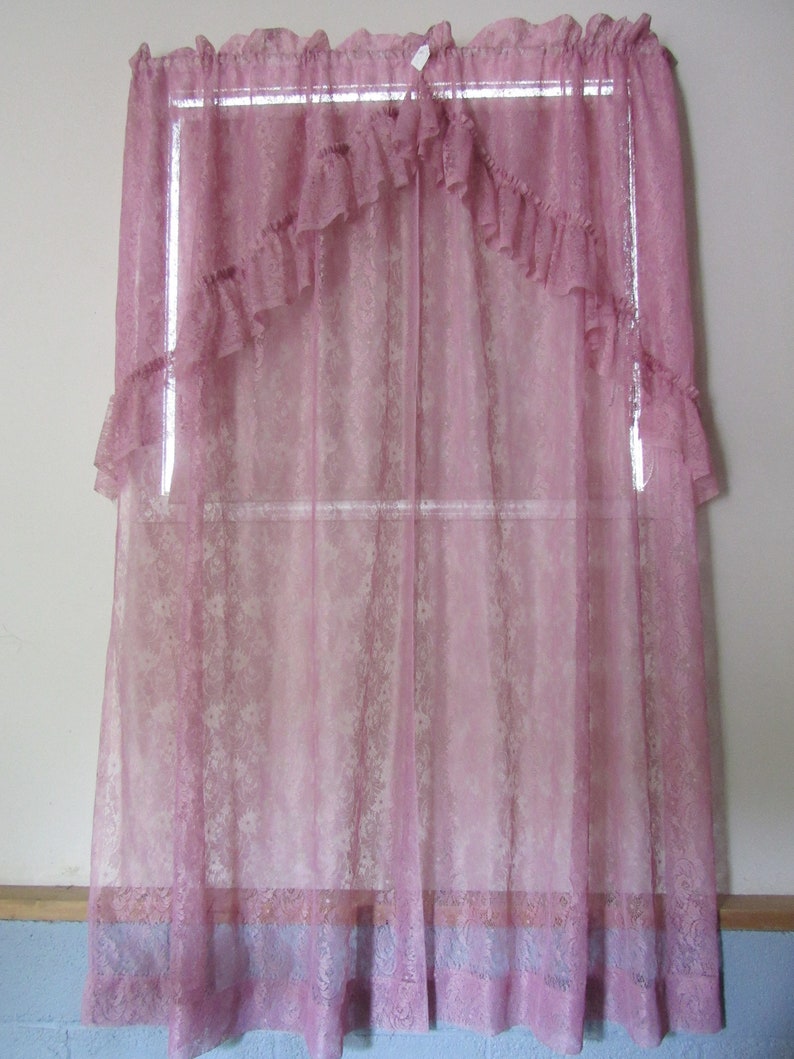 Vintage Pink Mauve Lace Rose Curtain Panels Attached Valance | Etsy