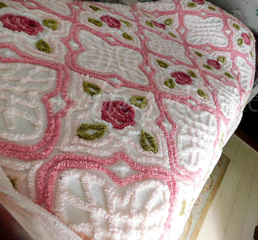 Fluffy Pink Rose Vintage Chenille Bedspread in a Luxury Boxed, Fitted ...