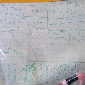 STATES' FLOWER MAP Sampler, Vintage Paragon Crewel Embroidery Kit 0449 ...